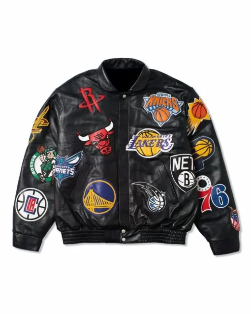 Black Nba Teams Collage Leather Jacket - Lettermanjackets.uk